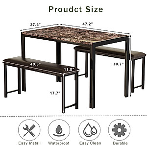 Lamerge Kitchen Tables Set for 4, Dining Faux Marble Table and 2 PU Leather Upholstered Bench, 3 Piece Dining Room Table Set for Small Space, Breakfast Nook and Apartment, Brown (Dining Table016)