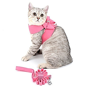SELMAI Small Pet Dog Cat Bling Rhinestone Harness and Leash Set Bow Girls Soft Ultra Suede Leather, Adjustable/No Pull Pink L