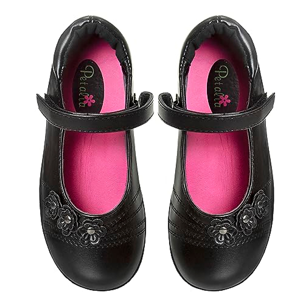 Josmo Petalia Girls Mary Jane Shoes School Kids Uniform Ballet Strap Slip-On Dress Flats - Black Flowers (Size 2 Big Kid)