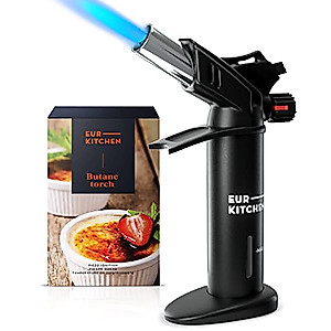 EurKitchen Premium Culinary Butane Torch with Gauge, Safety Lock, Adjustable Flame, Guard- Refillable Cooking Torch Lighter for Creme Brulee, BBQ, Baking, Soldering, Crafts- Butane Gas Not Included