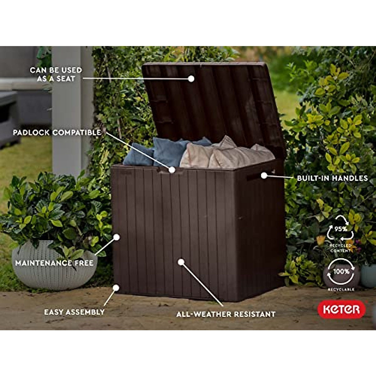 Keter City 30 Gallon Resin Deck Box for Patio Furniture, Pool Accessories, and Storage for Outdoor Toys, Brown