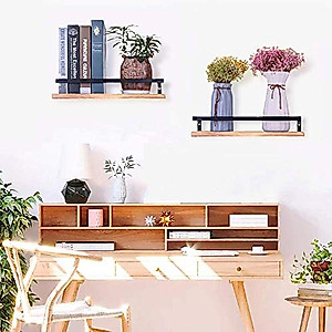 YEVIOR Floating Shelves Wall Mounted, Floating Wall Shelves with 5 Hooks, Rustic Pine Wood Floating Shelves with Removable Towel Bar, Set of 2 Floating Shelves for Bathroom, Kitchen, Bedroom