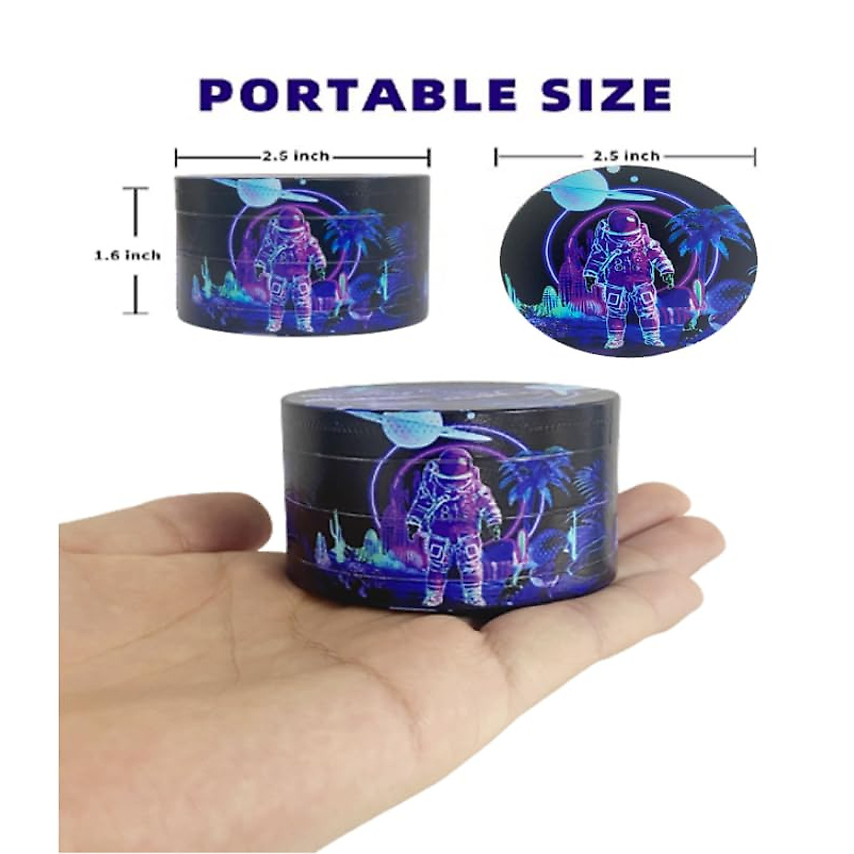 Spice Grinder 2.5 Inch - excellent grinder with zinc alloy holder, alloy color crusher, Cleaning brush for Bay Leaf, Basil, Rosemary, various models, mill rail and handy crank. (Purple Astronaut)