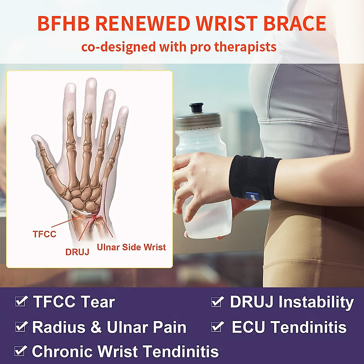 BFHB Wrist Brace for TFCC Tears - Adjustable, Dual protection, Fit Both Right & Left Hand, Support for Fitness, Weightlifting, Tendonitis, Carpal Tunnel Arthritis, Pain Relief- (Black)