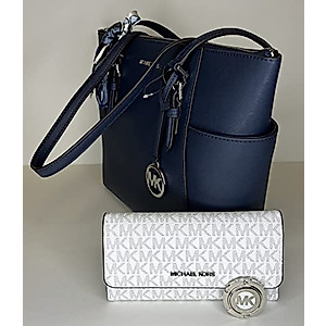 Michael Kors Charlotte Large Zip Tote bundled with matching Trifold Wallet Purse Hook (Navy/Signature MK Bright White)