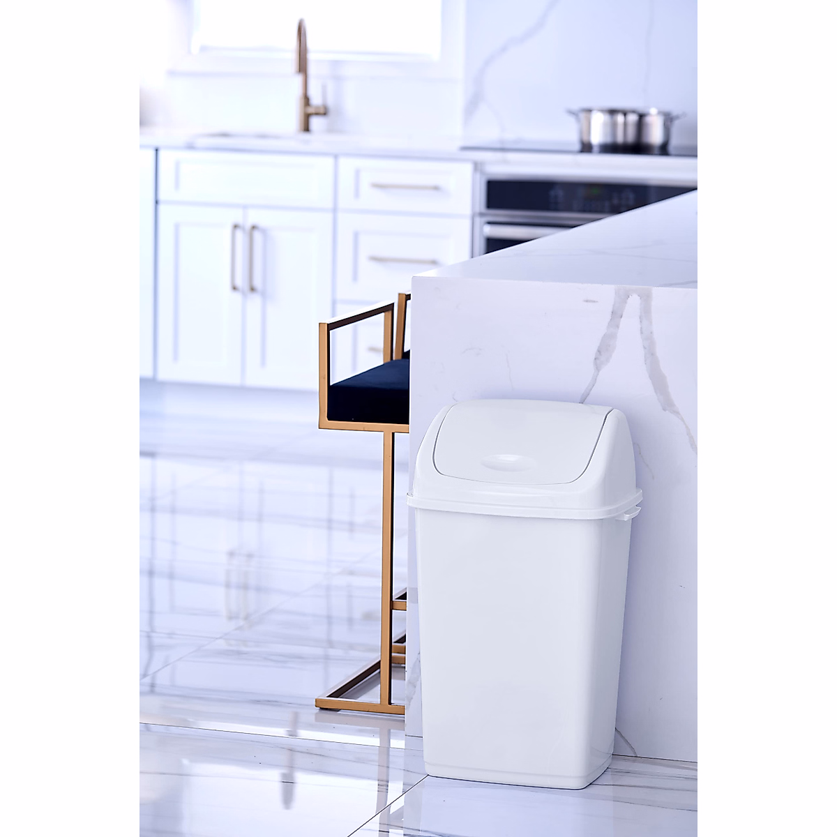 Superio Kitchen Trash Can 13 Gallon with Swing Lid, Plastic Tall Garbage Can Outdoor and Indoor, Large 52 Qt Recycle Bin and Waste Basket for Home, Office, Garage, Patio, Restaurant (White)