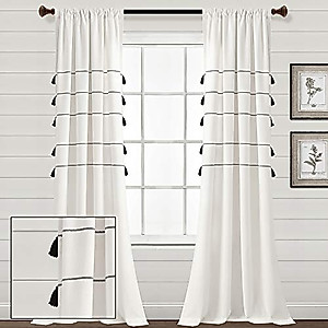 Lush Decor Farmhouse Boho Stripe Woven Tassel Yarn Dyed Cotton Window Curtain Panel Pair, 42" x 84" , Ivory & Black