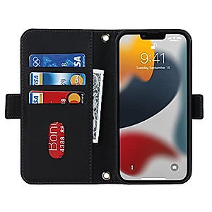 Jaorty Crossbody Wallet for iPhone 13 Pro Max Case with Adjustable Lanyard Strap Credit Card Holder 6.7",PU Leather Handbag Purse Kickstand Make Up Mirror Cover Case for Men Women Girl,Black