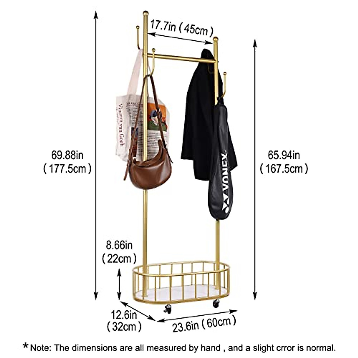 Gold Metal Garment Rack with Lockable Wheels and Bottom Storage Basket, Ideal for Home and Commercial Use in Hallway, Bedroom, Living Room, Balcony, Office, and Shop (Gold)