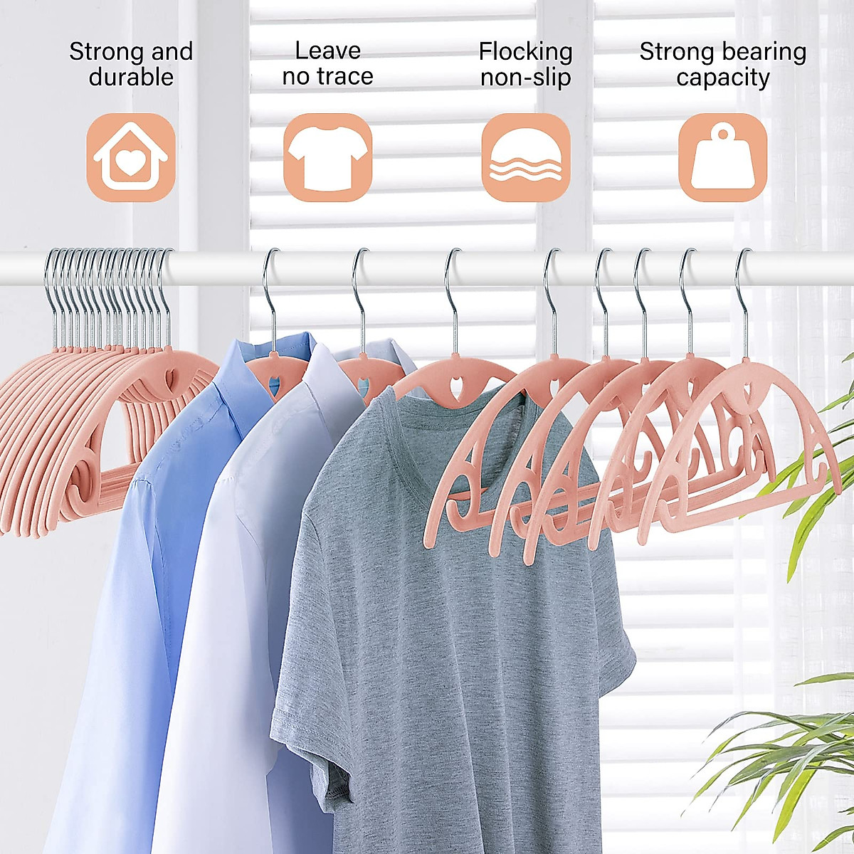 IEOKE Velvet Hangers, 50-Pack No Shoulder Bumps Suit Hangers Ultra Thin Space Saving 360 Degree Swivel Heavy Duty Hook Durable Hangers for Sweaters Coat Jackets Shirts Dresses (50 Pack, Pink/Silver)