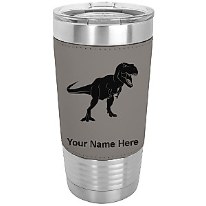 LaserGram 20oz Vacuum Insulated Tumbler Mug, Tyrannosaurus Rex Dinosaur, Personalized Engraving Included (Faux Leather, Gray)