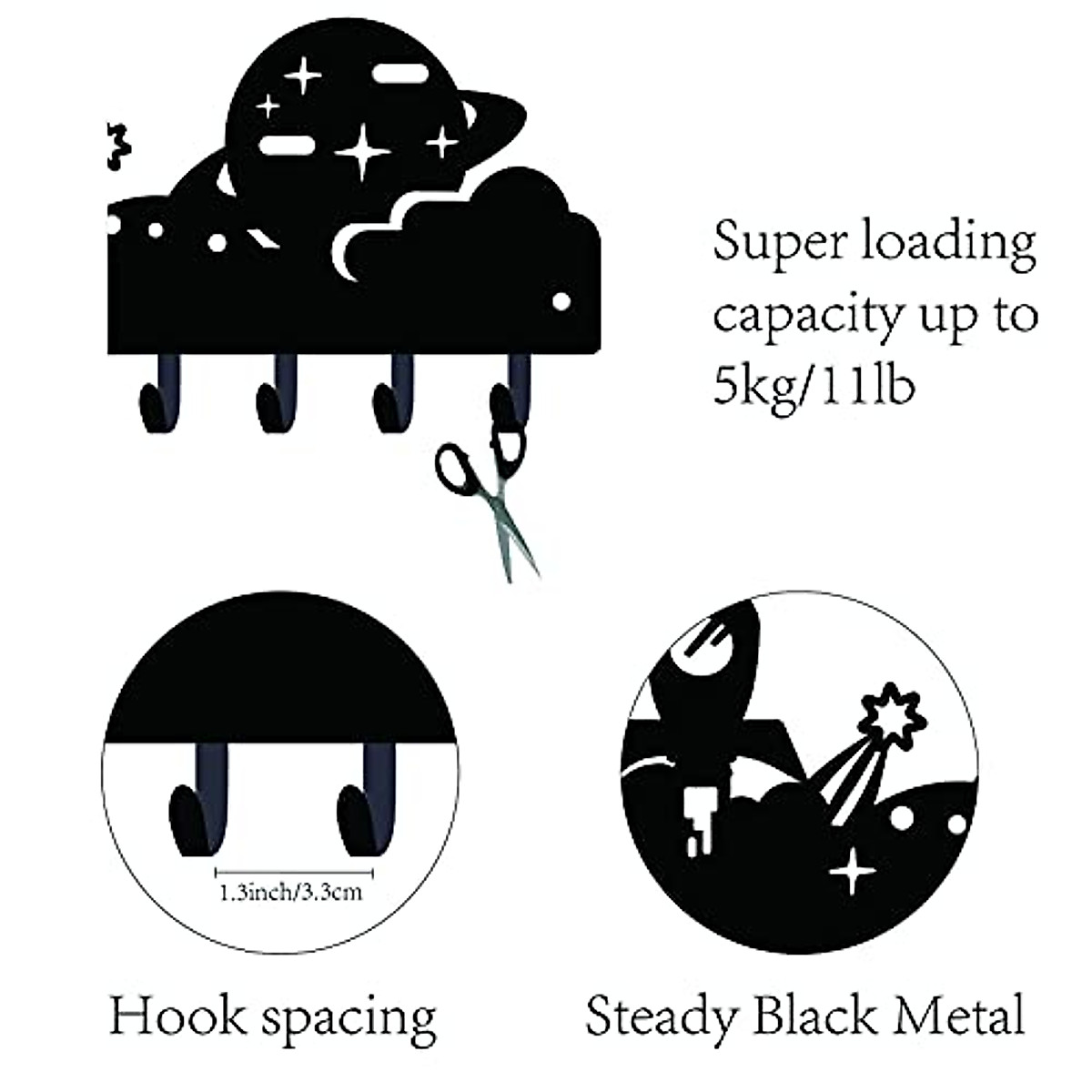 CREATCABIN Key Holder Metal Space Theme Universe Space Hook Hanger Wall Decorative Mounted Coat Hanger Design Organizer Rack with 6 Hooks for Wall, Bathroom, Kitchen, Entryway