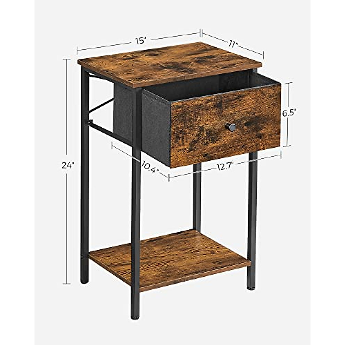VASAGLE Nightstand with Drawer, End Table, Bed Side Table, Small Table, Tall Night Stand with Fabric Storage and Shelf for Bedroom, Dorm, Easy Assembly, Rustic Brown and Black ULGS021B01