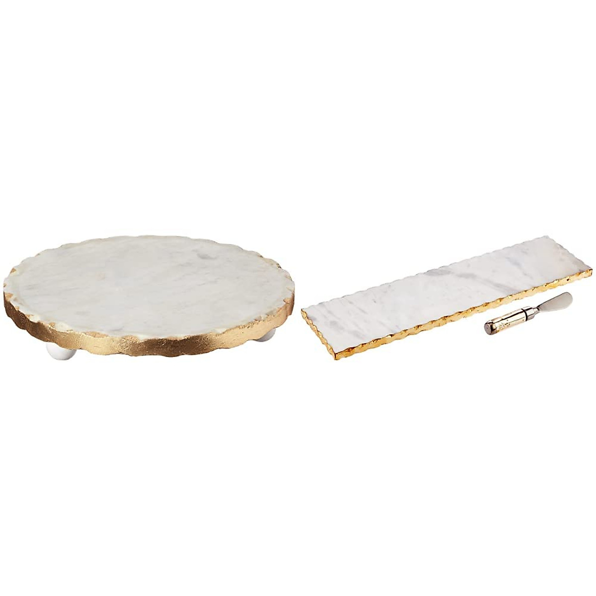 Mud Pie Marble Trivet, 1 1/4" x 8 1/2" Dia, Gold and Mud Pie - 40700003 Mud Pie Marble and Gold Edge Hostess Set Serving Platter, One Size, White