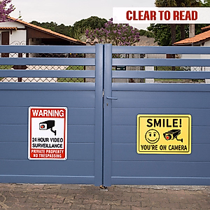 4 Pieces Smile You're On Camera Sign and Private Property No Trespassing Sign Video Surveillance Signs UV Printed 40 Mil Rust Aluminum Security Camera Sign for Home Business (Simple Style)