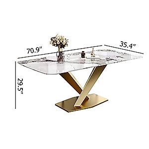 Modern Dining Table, 70.9" Marble Dining Table for 4-6, Durable White Sintered Stone Tabletop, Gold Carbon Steel Metal X-Base, Luxury Table for Kitchen Dining Office (1 Table 6 Orange Chairs)