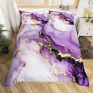 Erosebridal Abstract Marble Comforter Cover Purple Watercolor Bed Set, Mountain Fluid Duvet Cover Queen Size Gold Metallic Bedding Set, Stone Pattern Bedspread Cover Geometric Artwork Decor