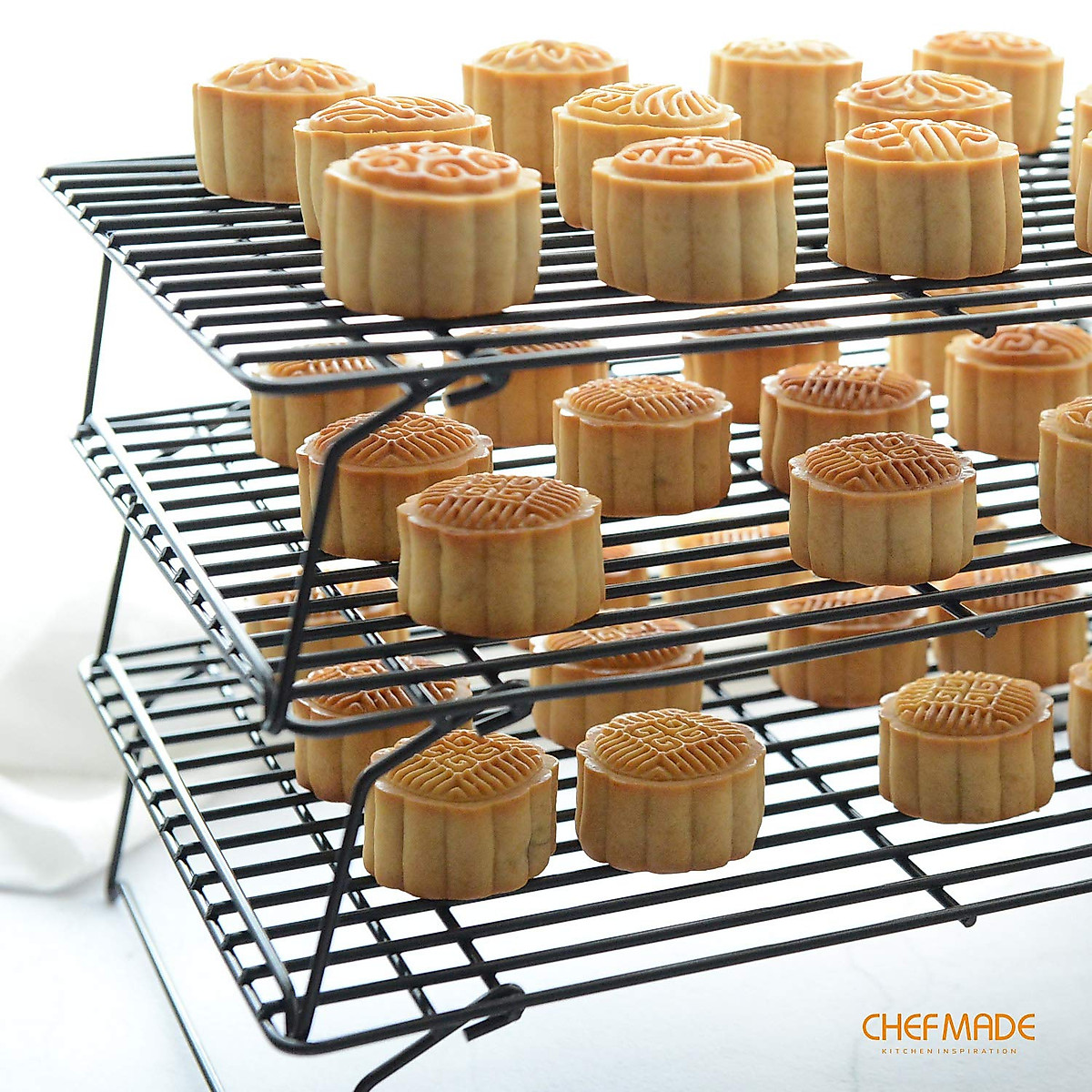 CHEFMADE Baking and Cooling Rack Set, 13.5-Inch 3-Tier Non-Stick Stackable Collapsible Rectangle Wire Rack for Oven Baking (Black)