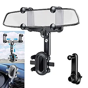 WOCRAFT Rearview Mirror Phone Holder for Car 360° Rotatable and Retractable Car Phone Holder with Air Vent Clip for All Mobile Phones and All Car M741