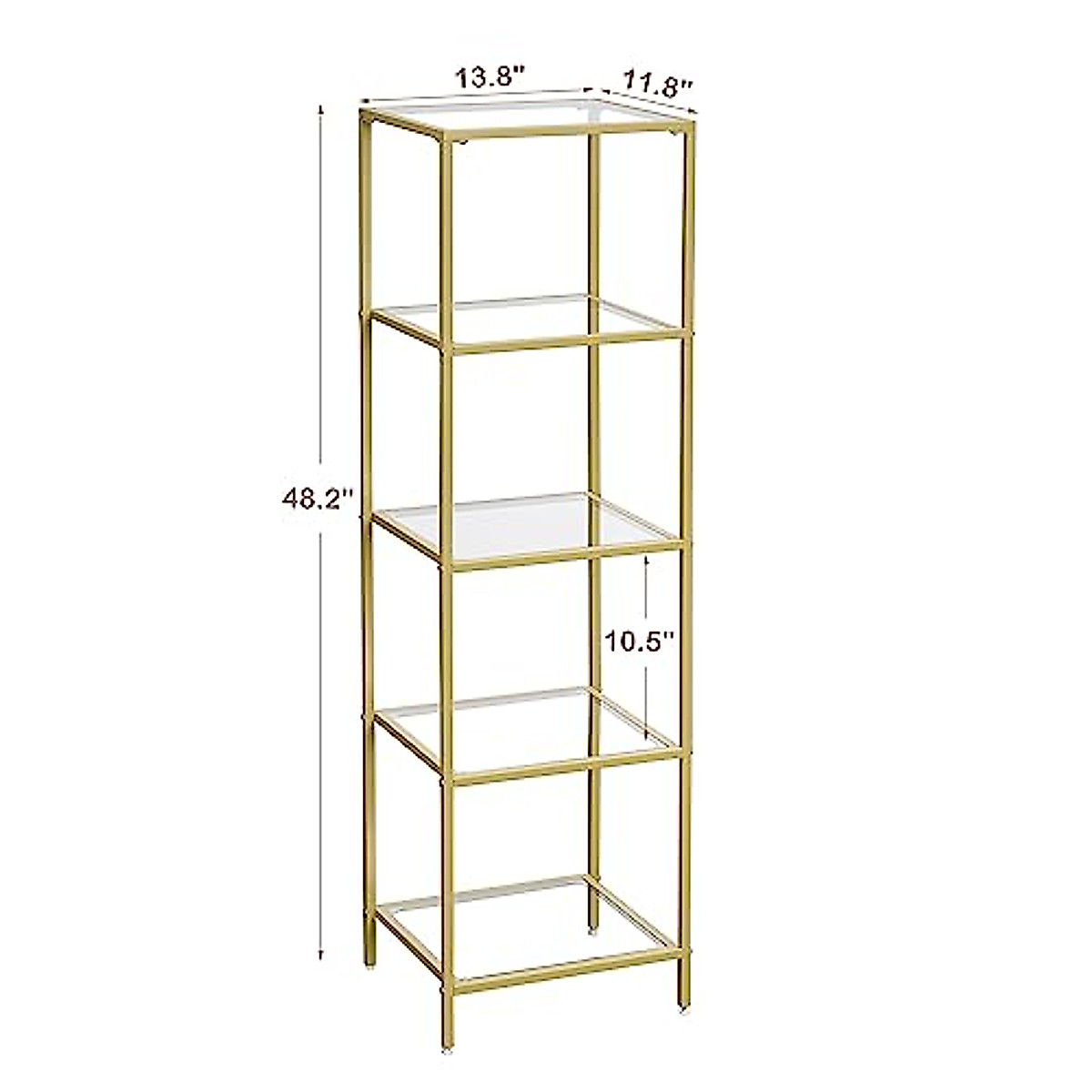 Homhedy 5-Tier Bookshelf,Metal Bookcase,Tempered Glass Shelves,Storage Rack Shelf for Home Office ,Living Room,Bedroom, Bathroom,Modern Style,Golden