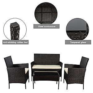 4 Pieces Outdoor Patio Furniture Sets, Wicker Chair Conversation with Cushion, Outdoor Indoor Use with Coffee Table for Backyard Porch Garden Poolside Balcony (Black)