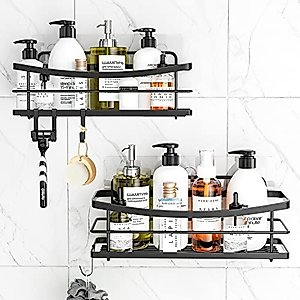 ODesign Shower Caddy Storage with Removable 4 Hooks Adhesive Shower Shelf Basket No Drilling Rustproof Kitchen Spice Racks Bathroom Organizer - 2 Pack (Black)