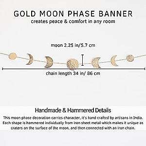 Moon Phase Wall Hanging [Handmade Hammered Gold Metal 7 Moons 34" Banner] Phases of the Moon, Celestial Lunar Decorative Wall Art, Bohemian Aesthetic, Christmas Boho Decor for Living Room Girl Gift