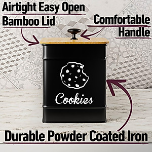 Cookie Jar with Airtight Bamboo Lid - 6"W x 6"D x 8"H Black Iron Cookie Tin - Large Cookie Jars with Lids Airtight - Farmhouse Cookie Jars for Kitchen Counter Decorative - Cute Cookie Jar Airtight Lid