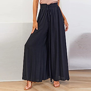ODIZLI Flowy Beach Pants for Women Wide Leg Pants for Women Petite Length Palazzo Pants for Women High Waisted Beach Long Trousers Loose Fit Boho Pants Wrap Around Pants Gaucho Pants Black XL