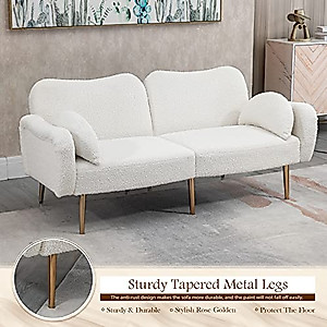 Modern Velvet Futon Sofa Bed, Convertible Loveseat with 2 Crescent-shaped Pillows, Small Sleeper Sofa with 3 Adjustable Positions, Upholstered Living Room Couch with 7 Metal Tapered Legs, White Teddy