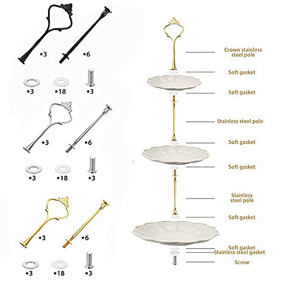 9 Set Cake Stand Hardware, Fittings for Cake Stand Mold Crown 3Tier Cake Stand Fittings Hardware Holder for Afternoon Tea Cake Dessert Fruit, Wedding and Party Tray Cupcake (Gold, Silver, Black)