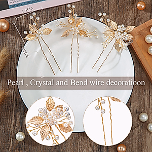 Waydress 6 Pcs Wedding Pearl Hair Pins Floral Hair Accessories Gold Leaf Head Piece Bridal Wedding Hair Clips for Women