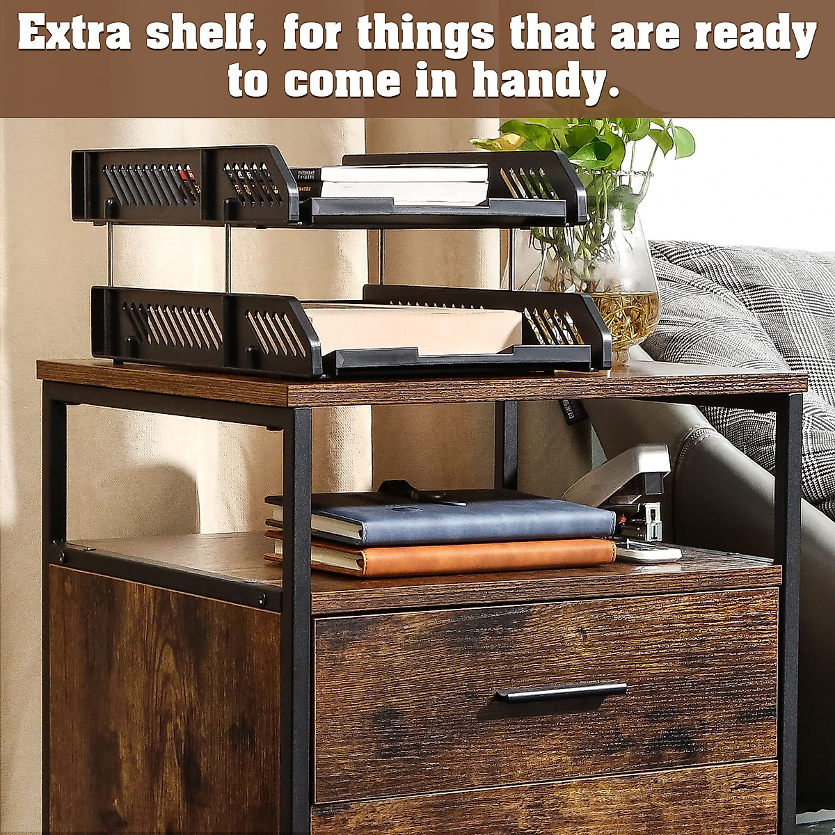 TC-HOMENY Mobile File Cabinet on Wheels Office Cabinet with 2 Drawers, Wood Filing Cabinet fits A4 or Letter Size for Home Office, Rustic Brown