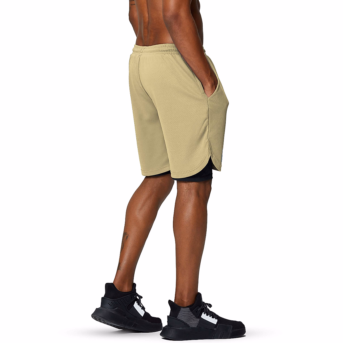 Pinkbomb Men's 2 in 1 Running Shorts Gym Workout Quick Dry Mens Shorts with Phone Pocket (Khaki, Medium