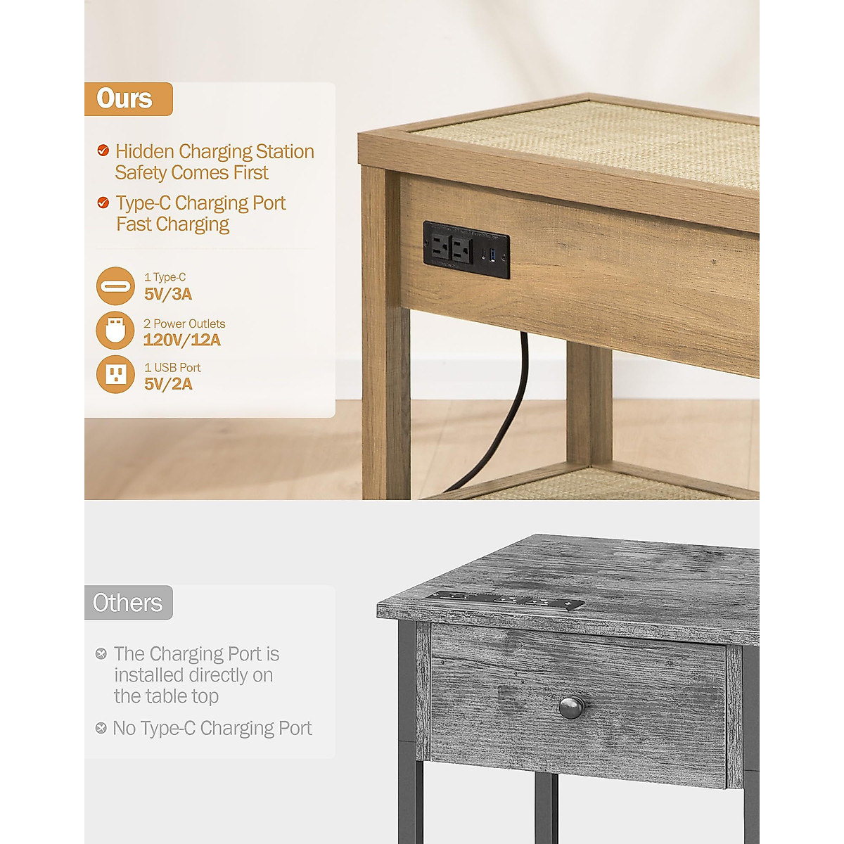 SICOTAS Rattan Nightstands Set of 2 - Boho Night Stand with Type-C Charging Station & Rattan Drawer - Bed Side Table End Table for Bedroom Living Room - Natural Oak