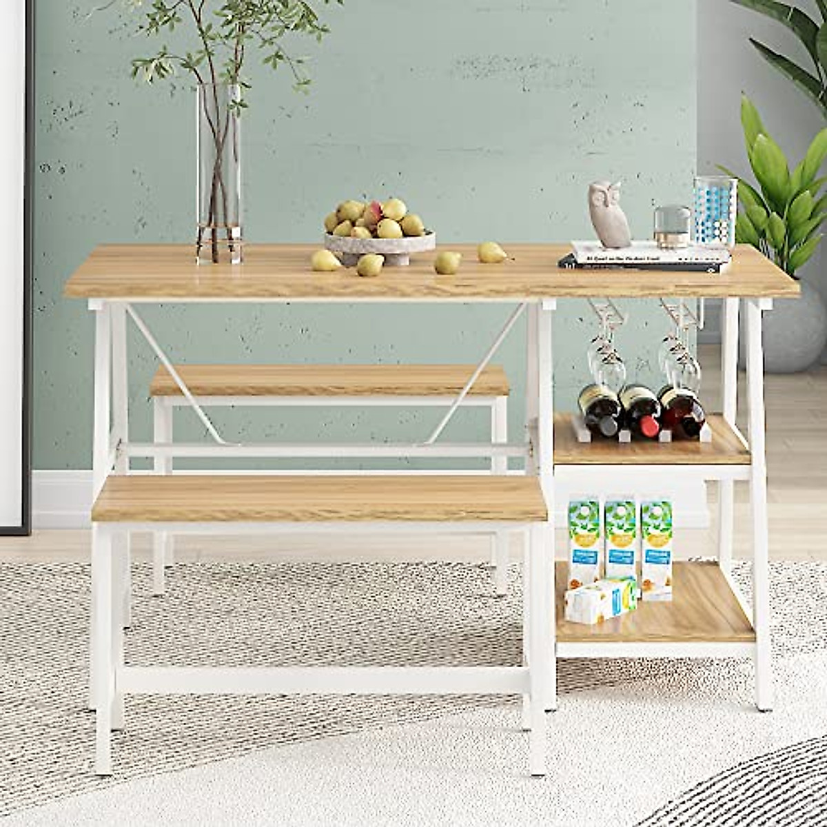 SogesGame Dining Table Set 3 Piece Kitchen Table Set Breakfast Table Set with Benches and Wine Rack Glass Holder 47.2 in Dining Room Table Set for 4 Oak