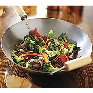 Helen's Asian Kitchen Helen Chen's Asian Kitchen Flat Bottom Wok, Carbon Steel with Lid and Stir Fry Spatula, Recipes Included, 13.5-inch, 4 Piece Set, 13.5 Inch, Silver/Gray/Natural