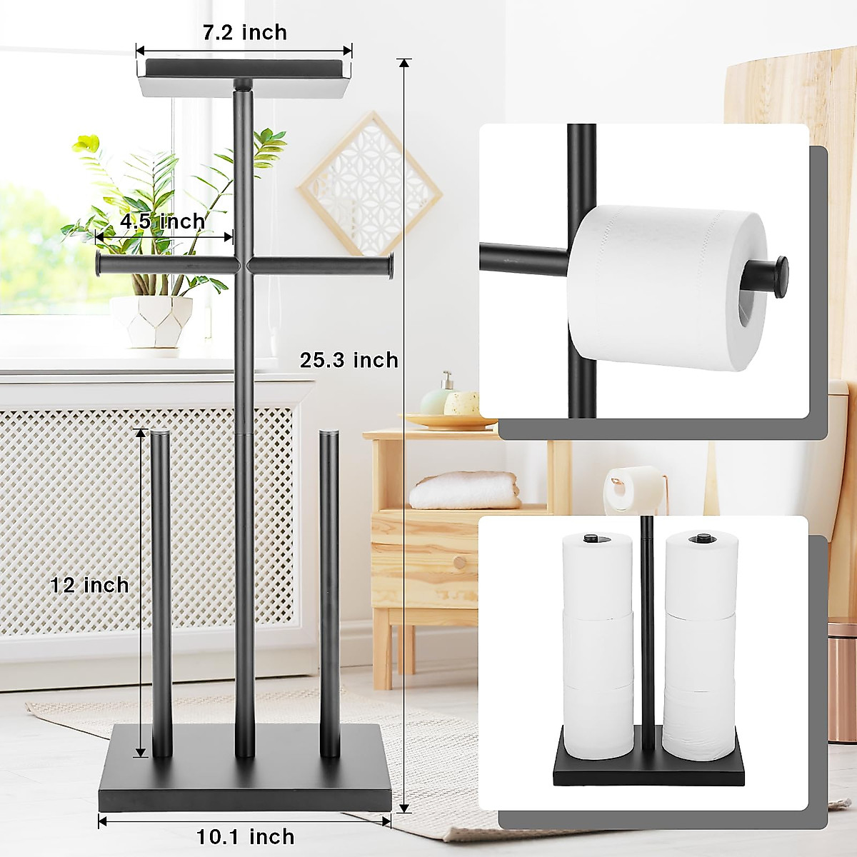 Standing Toilet Paper Holder, Free-Standing Toilet Paper Stand for 8 Mega Rolls, Metal Tissue Storage Shelf for Bathroom