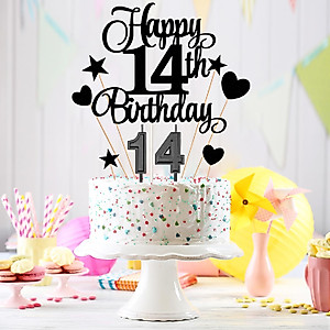 14th Birthday Cake Decorations Set Include 14th Birthday Candles Numeral 14 Cake Candles and Happy 14th Birthday Cake Toppers with Heart Star Cupcake Picks for Birthday Party (Black Series)