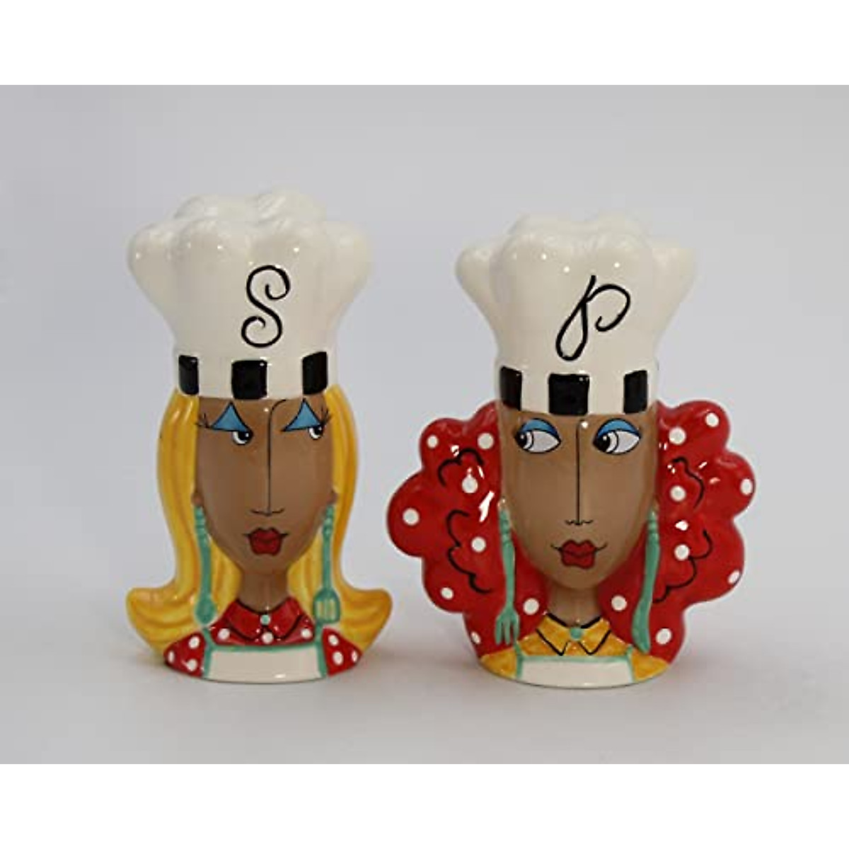 Fine Ceramic Dollymamas African American Black Fashion Chef Lady Salt & Pepper Shakers Set, 4-3/8" H