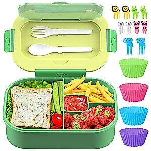 TIME4DEALS Bento Lunch Box for Kids/Adult - Leakproof 44oz Lunch Containers 4 Compartment with Cutlery, Reusable Child Back to School Meal/Snack Packing BPA Free (Green)