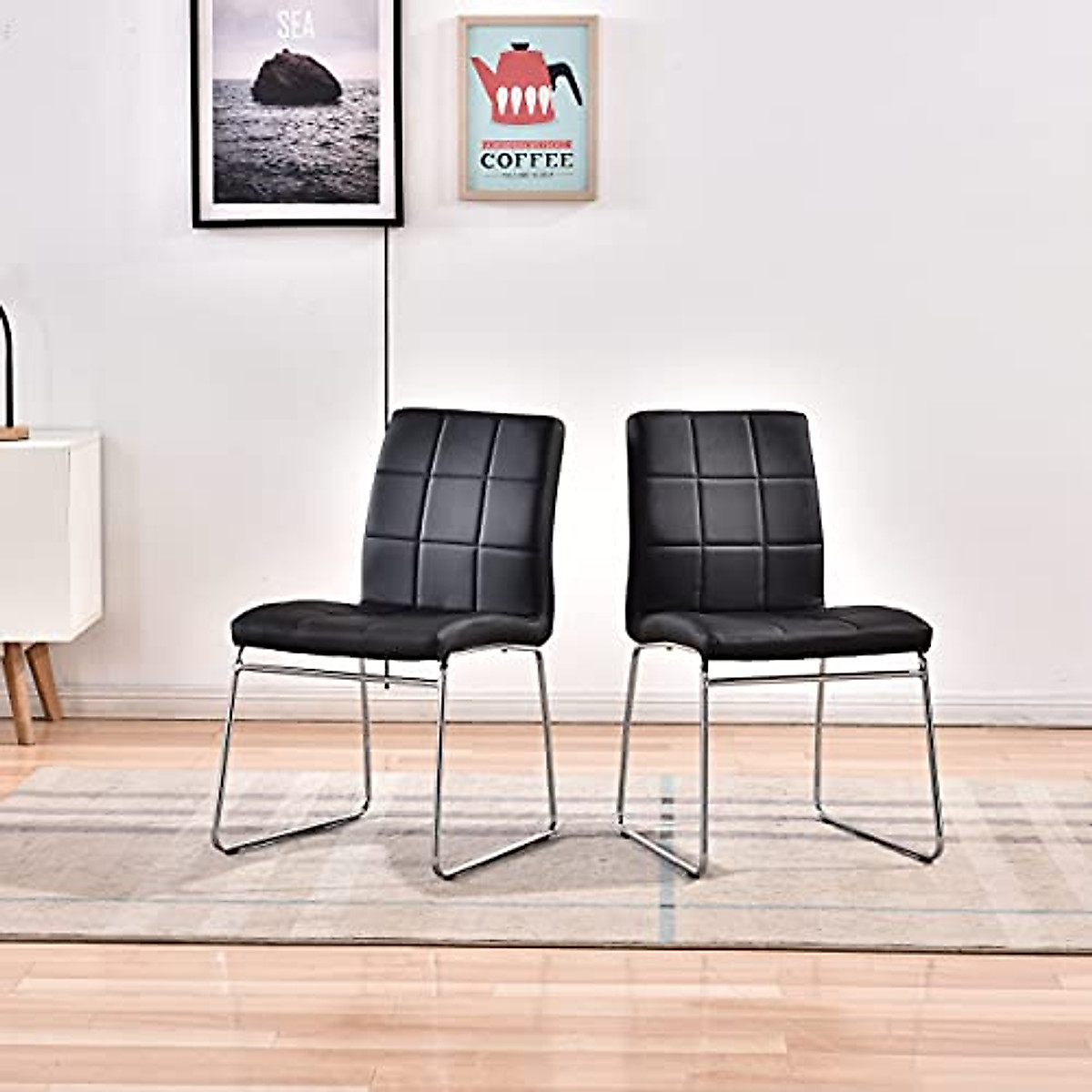 Modern Dining Table Set for 2 Round Glass Table and Faux Leather Chairs Set 3 Piece Dining Set for Kitchen,Dining Room,Afternoon Tea (Table + 2 Black Chairs)