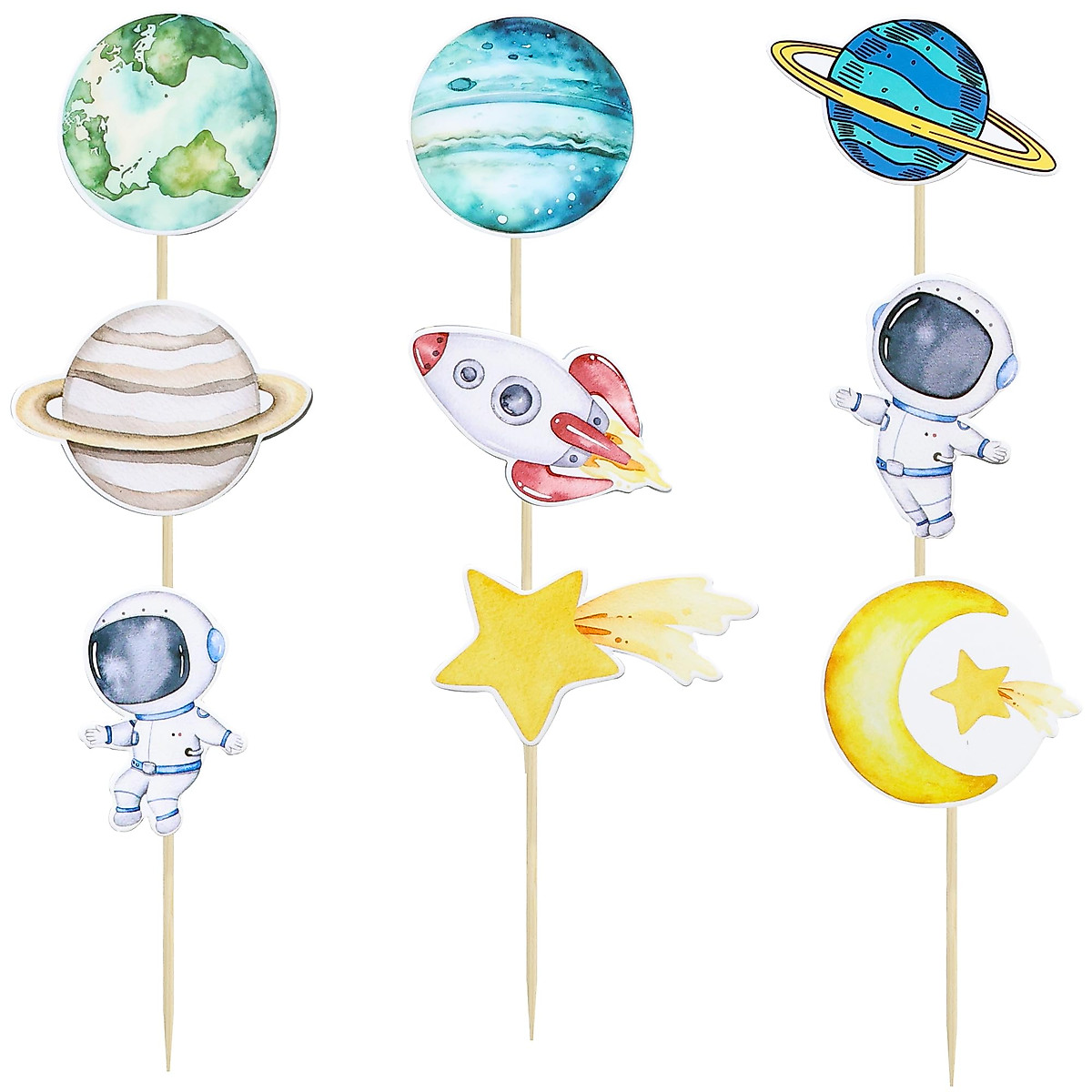 Ephlyn 36Pcs Space Astronaut Cupcake Toppers Planet Rocket Spaceship Trip to the Moon Star Cupcake Food Picks Universe Outer Space Theme Baby Shower Kids Birthday Party Supplies Blue
