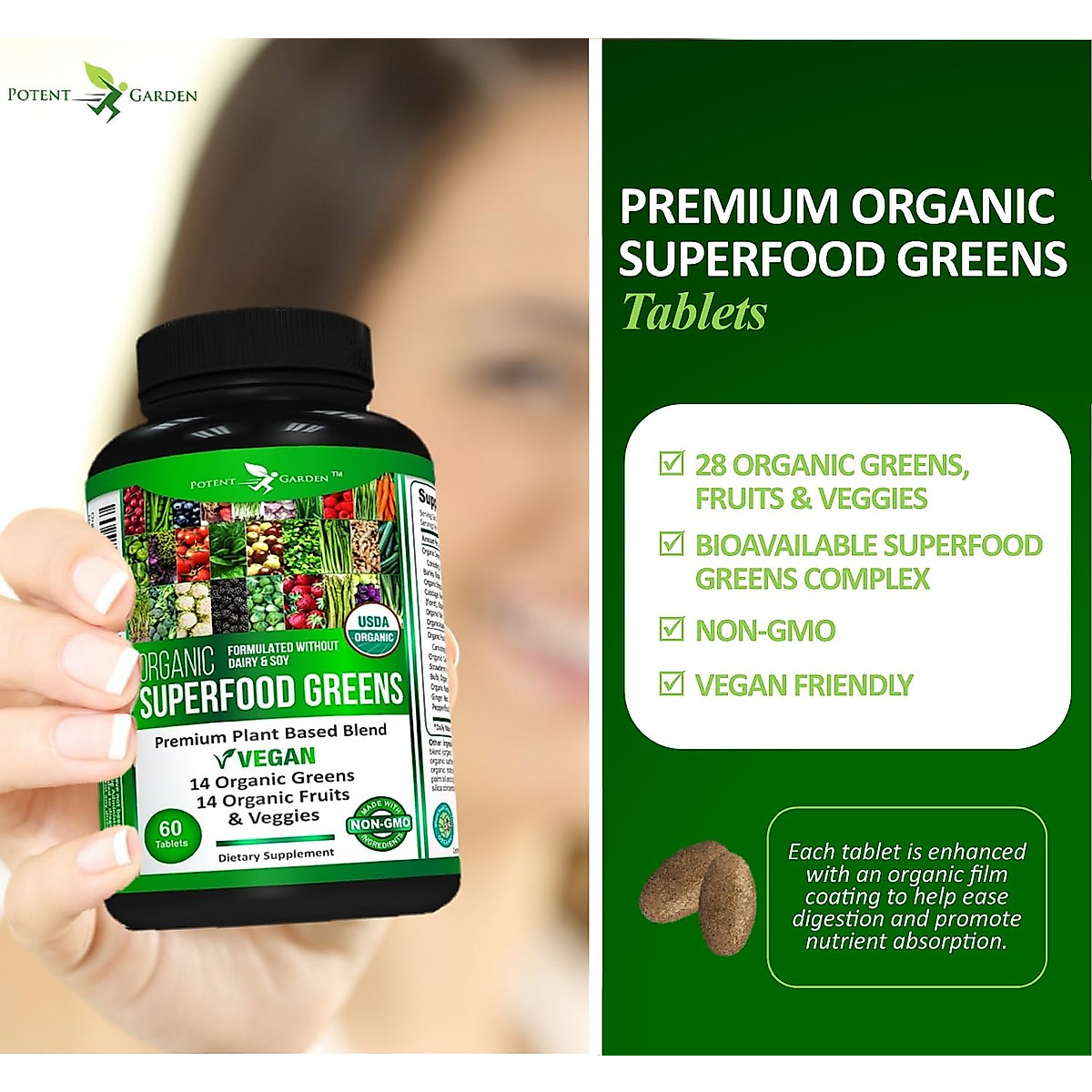 Potent Garden Organic Superfood Greens, Fruit and Veggies Supplement Rich in Vitamins & Antioxidants with Alfalfa, Beet Root & Tart Cherry to Boost Energy, Immunity & Gut Health, Greens Tablets 60 Ct