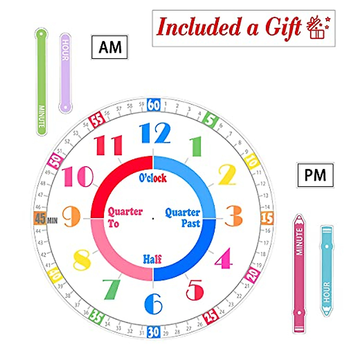 Telling Time Teaching Wall Clock, Silent Movement, Educational Wall Clock, Makes Kids Learning Time Faster and Fun. Its Perfect for Parents and Teachers, Decorate Kids Bedroom or Classroom,Black