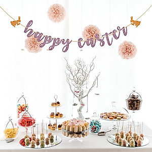 Happy Easter Banner - Happy Easter Garland,Easter Decors,Easter Bunting - Welcome Spring Easter Themed Party Banner - Purple Glitter