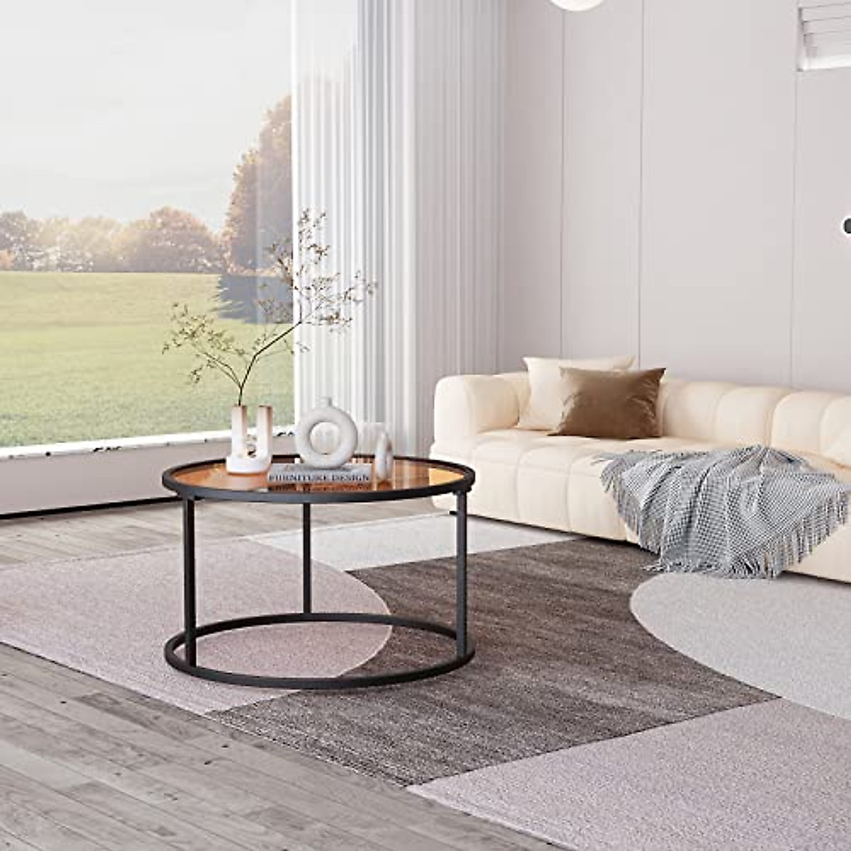 SAYGOER Glass Coffee Table Round Modern Coffee Tables Small Mid Century Coffee Table for Living Room Home Office Simple Retro Table Top with Metal Frames, Easy Assembly, Brown Black
