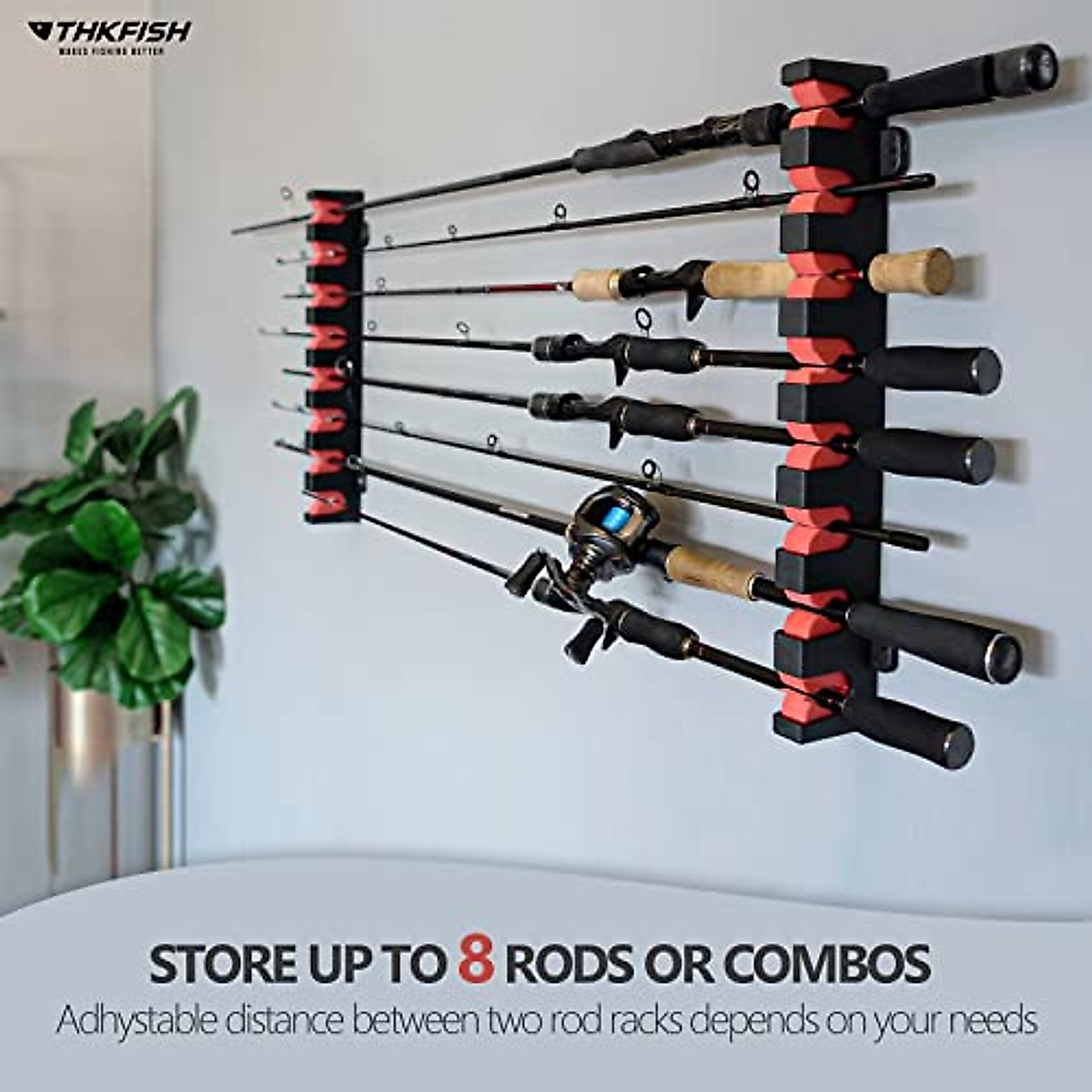 THKFISH Fishing Rod Rack Store 8 Fishing Rod Holders Rod RackWall Mount Horizontal Fishing Pole Holders for Garage Room, Boats Store 8 Fishing Rod Combos,1pair grey