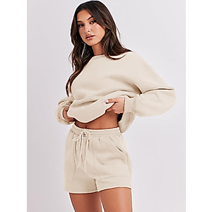 ANRABESS Women 2 Piece Outfits Sweat Shorts Sets 2025 Oversized Casual Lounge Matching Set Sweatsuit Tracksuit Clothes Apricot Small