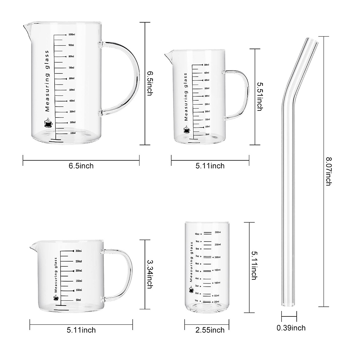 Lab Measuring Glass Beaker Set - Borosilicate Glass Beaker with Handle and gate，4 beakers and 2 Glass Straws， High and Low-Temperature Resistance